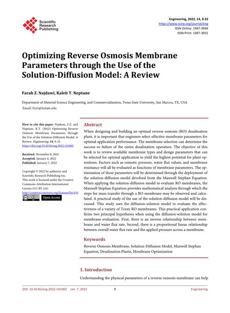 Pdf Optimizing Reverse Osmosis Membrane Parameters Through The Use Of The Solution Diffusion