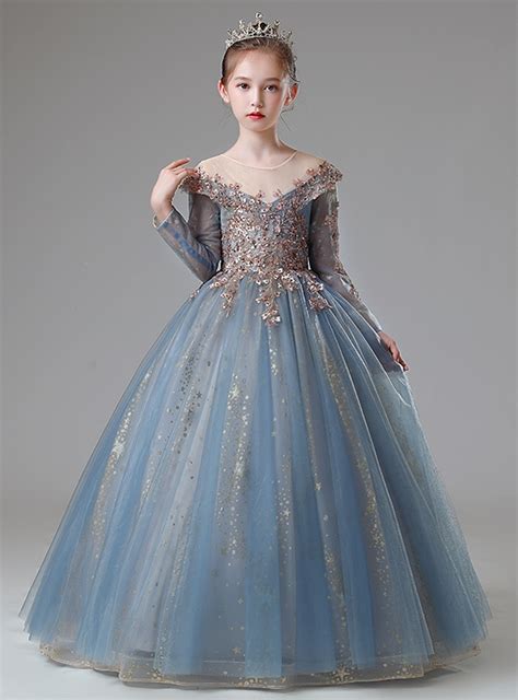 Blue Tulle Sequins Long Sleeve Beading Flower Girl Dress