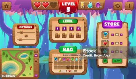 만화 게임 메뉴 화면 인터페이스 요소 버튼 아이콘 메뉴 패널 점수 및 진행률 표시 줄이있는 퍼즐 게임 배경 벡터 캐주얼 에셋 0명에 대한 스톡 벡터 아트 및 기타 이미지