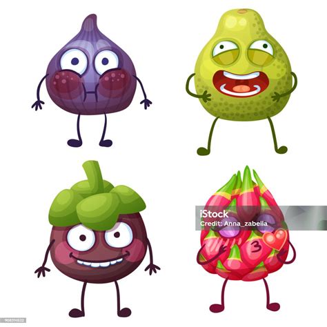 재미 있는 과일 문자 흰색 배경에 고립입니다 쾌활 한 음식 이모티콘입니다 벡터 일러스트 레이 션 만화 무화과 미친 포 멜로