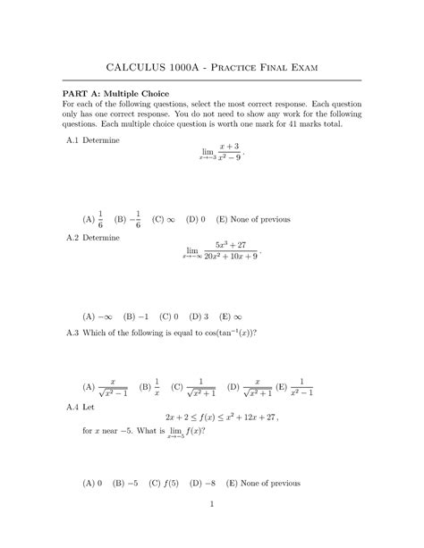 Calc Practice Final Exam CALCULUS A Practice Final Exam PART A Multiple Choice For Each