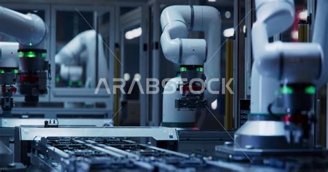 Automated Pcb Assembly Line Close Up Of Conveyor With High Precision Robotic Arms In