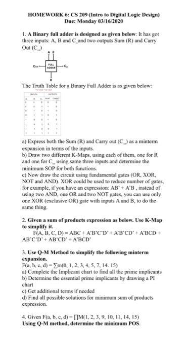Solved HOMEWORK CS Intro To Digital Logic Design Chegg