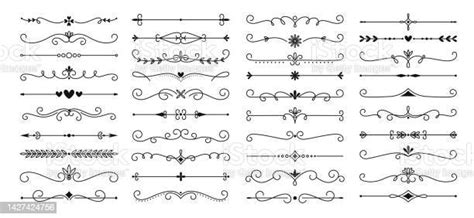 줄 텍스트 테두리 및 구분 기호 프레임 로얄은 편지 초대장을위한 화려한 빈티지 타이포그래피 요소를 번성시킵니다 캘리그래피 디바이더 레이시 벡터 세트 0명에 대한 스톡 벡터