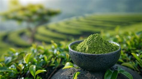 Premium Photo Fresh Green Matcha Powder On A Blurred Tea Field Zen