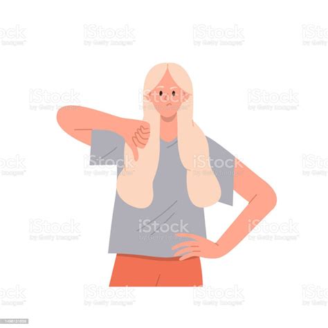 젊은 회의론자 여자 만화 캐릭터가 엄지손가락을 아래로 싫어하는 표시를 몸짓으로 하는 고립된 초상화 감정에 대한 스톡 벡터 아트 및 기타 이미지 Istock