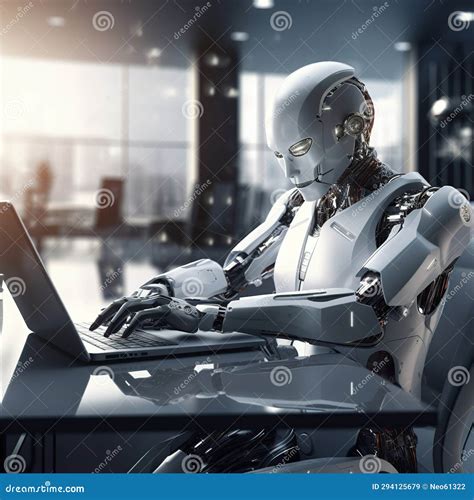 Ai Cyborg Android Robot Working With Laptop In Office Artificial Intelligence Generative Ai