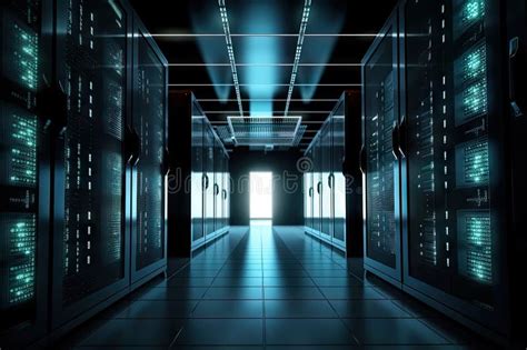 data center with rows of server racks blinking lights and humming