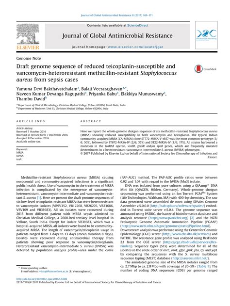 Pdf Draft Genome Sequence Of Reduced Teicoplanin Susceptible And Vancomycin Heteroresistant