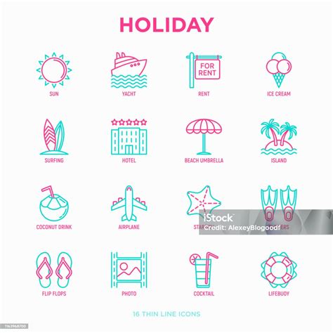 휴일 얇은 라인 아이콘 세트 태양 요트 아이스크림 서핑 호텔 해변 우산 섬 코코넛 음료 비행기 불가사리 사진 구명 부표 현대 벡터 그림입니다 관광에 대한 스톡 벡터 아트 및