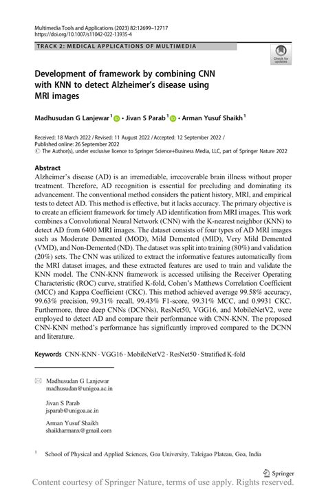 development of framework by combining cnn with knn to detect alzheimer