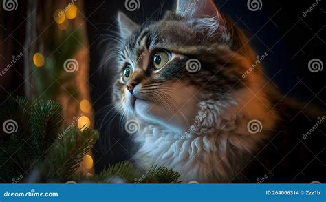Cute Tabby Kitten Looking At Christmas Tree Neural Network Generated Art Stock Illustration