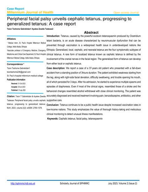 Pdf Millennium Journal Of Health Peripheral Facial Palsy Unveils Cephalic Tetanus Progressing