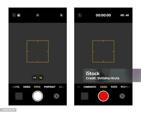 스마트폰 화면의 카메라 인터페이스 휴대 전화의 사진 비디오 Ui입니다 녹음 신청 사진 및 비디오 촬영 뷰파인더 초점 및 버튼 기록 벡터 그림입니다 영화 카메라에 대한 스톡