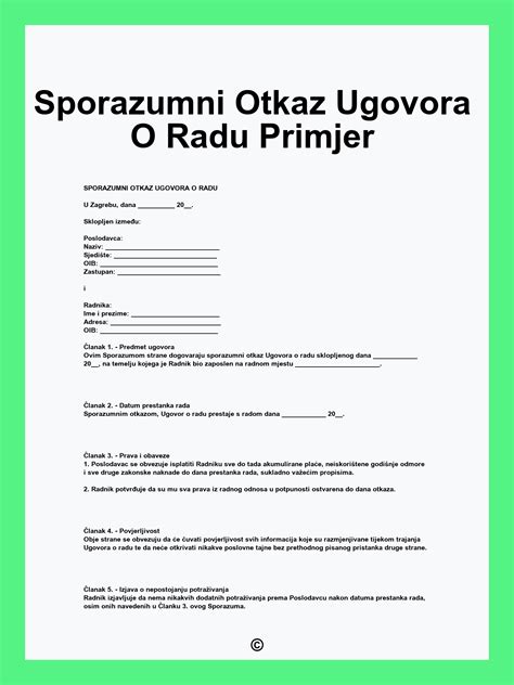 Sporazumni Otkaz Ugovora O Radu Primjer