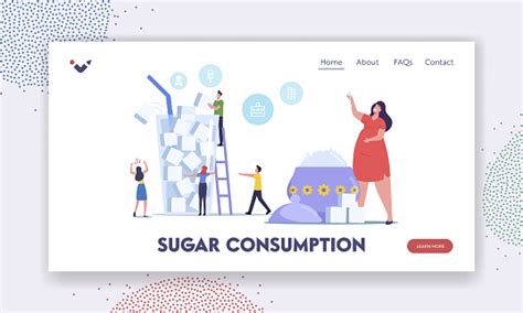 설탕 소비 방문 페이지 템플릿 지팡이 설탕의 거대한 유리에 작은 문자 달콤한 정크 푸드의 사람들 중독자 개념에 대한 스톡 벡터 아트 및 기타 이미지 Istock