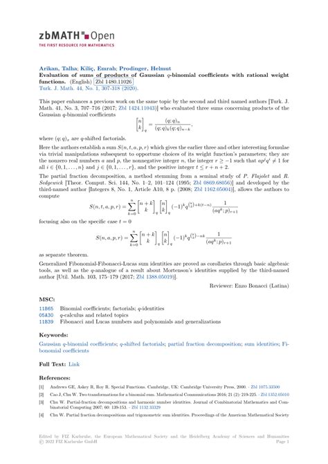 PDF Review Of The Article Evaluation Of Sums Of Products Of Gaussian Q Binomial Coefficients