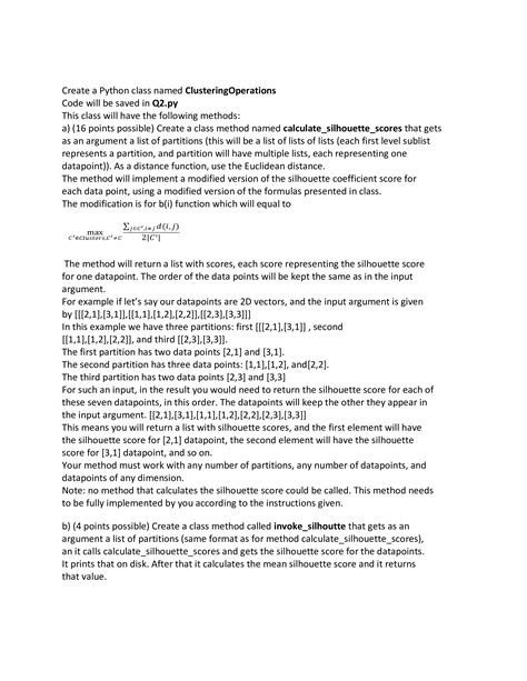 Solved Create A Python Class Named Clusteringoperationscode