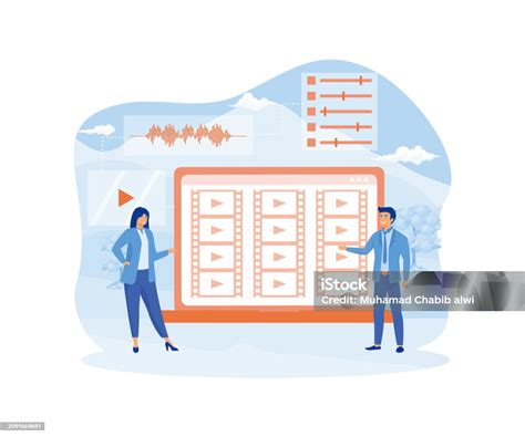 비디오 편집기 작은 사람들 영상 편집 및 멀티미디어 콘텐츠 제작 비디오 메이커 온라인 과정 스튜디오 영화 제작 플랫 벡터 현대
