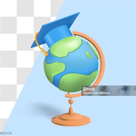 만화 지구 지구본과 대학 모자 흰색 배경에 고립 된 기지에 세계지도가있는 행성 지구 모델 3d 렌더링 0명에 대한 스톡 벡터