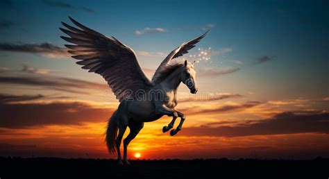 A Majestic Pegasus Is Depicted In Front Of A Vibrant Sunset Sky With