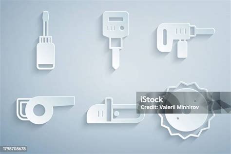 전기 톱 전기 드릴 기계 잎 정원 송풍기 원형 블레이드 건설 착암기 및 드라이버 아이콘을 설정합니다 벡터 3차원 형태에 대한 스톡 벡터 아트 및 기타 이미지 Istock