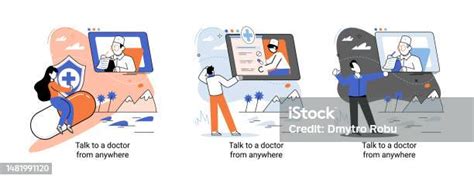 온라인 의료 서비스 은유 상담 웹 사이트 및 모바일 응용 프로그램 어디서나 의사와 대화 개념에 대한 스톡 벡터 아트 및 기타 이미지 개념 건강 진단 건강관리와 의술