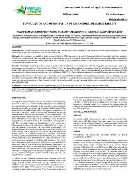 Pdf Formulation And Optimization Of Levamisole Chewable Tablets Original Article