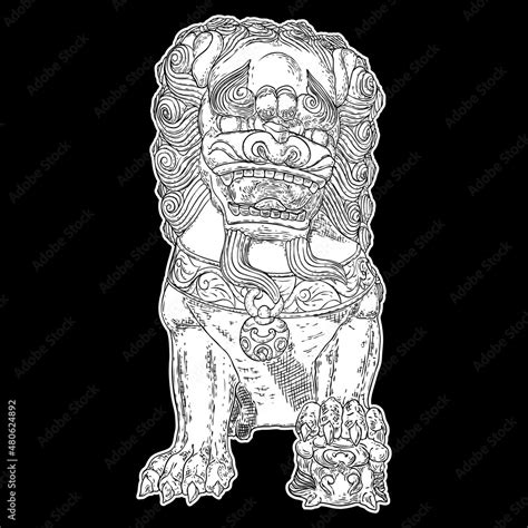 Drawing Of Traditional Chinese Lion On A White Background Oriental Asian Lion Temple Guard