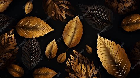 검은 배경에 금색 잎 프리미엄 사진
