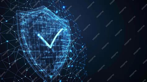 Dark Blue Wireframe Shield With Checkmark For Cybersecurity Symbol