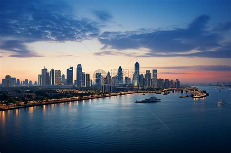 夜幕下的海港城市景观高清图片下载 正版图片600553170 摄图网