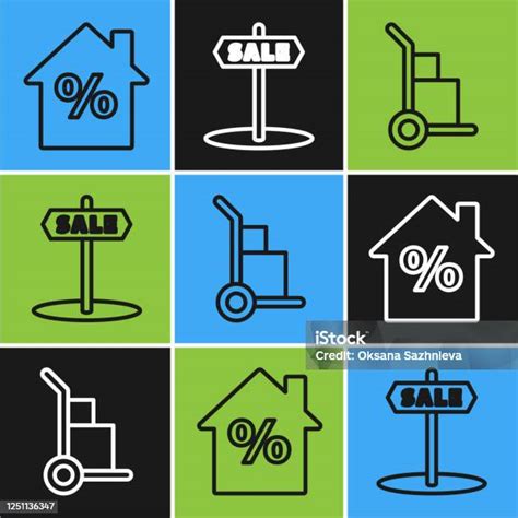 줄에 할인 태그 핸드 트럭 및 상자 및 텍스트 판매 아이콘이있는 매달려 기호가있는 세트 하우스를 설정합니다 벡터 개념에 대한 스톡 벡터 아트 및 기타 이미지 Istock
