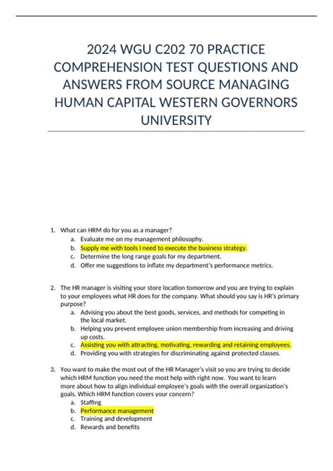 2024 WGU C202 70 PRACTICE COMPREHENSION TEST QUESTIONS AND ANSWERS FROM SOURCE WGU C375