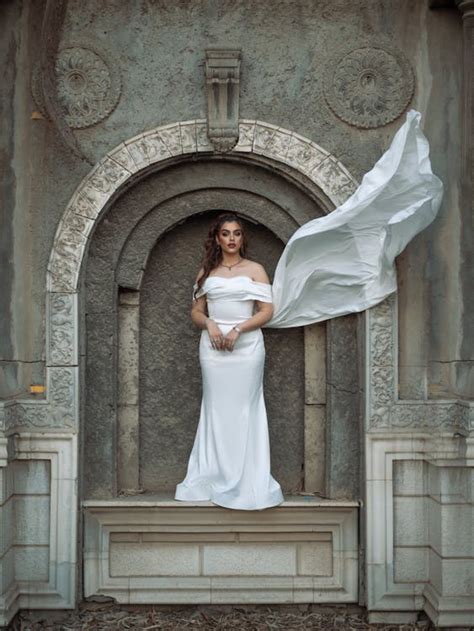 건축 설계 건축 세부 사항 고요한 도시 경관 도시 설정 드라마틱한 매우 복잡한 명성 문화 유산 바람 효과 서 있는 석조 아치 세련된 여자 실크 드레스