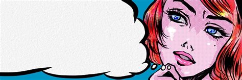 60년대 미국 만화 스타일의 빨간 머리를 가진 아름다운 여성의 넓은 크기의 컬러 삽화가 의심과 말풍선에 머리를 기울이고 있습니다 만화 스타일에 대한 스톡 벡터 아트 및 기타