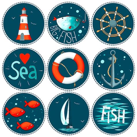 Conjunto De 9 Elementos Náuticos Em Forma De Círculo Vetor Premium