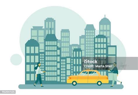 택시 서비스 고층 빌딩이 있는 도시 배경 평면 만화 스타일입니다 벡터 일러스트 개념에 대한 스톡 벡터 아트 및 기타 이미지 개념 개념과 주제 거리 Istock