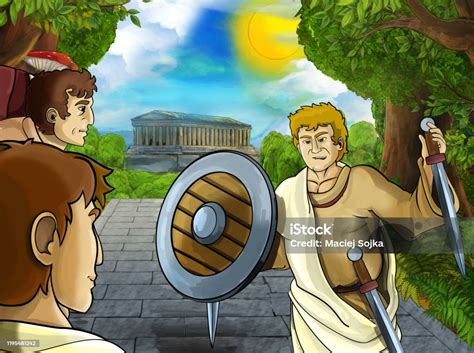 도시로 가는 길에 사원과 같은 고대 건물 근처의 로마 또는 그리스 고대 캐릭터가있는 만화 장면 건축에 대한 스톡 벡터 아트 및 기타 이미지 Istock