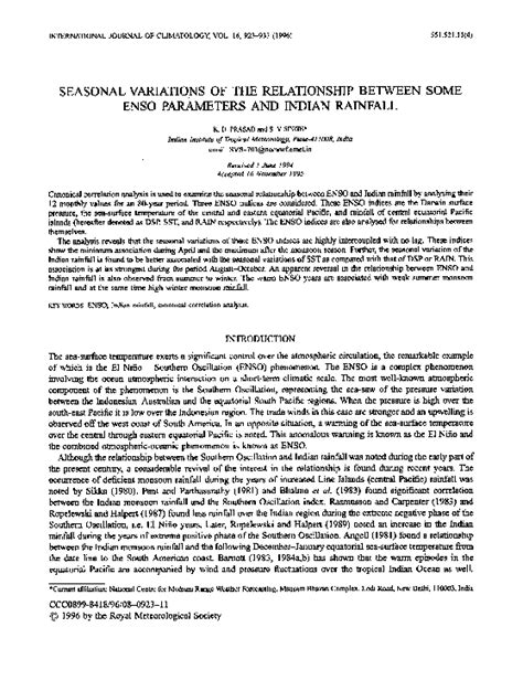 Pdf Seasonal Variations Of The Relationship Between Some Enso Parameters And Indian Rainfall