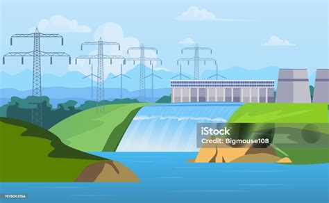 만화 컬러 수력 발전소 발전기 풍경 장면 개념입니다 벡터 연료 및 전력 생산에 대한 스톡 벡터 아트 및 기타 이미지 연료 및 전력 생산 물 송전선 Istock