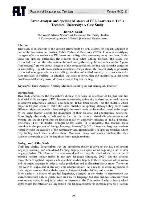 Error Analysis And Spelling Mistakes Of Efl Learners At Tafila