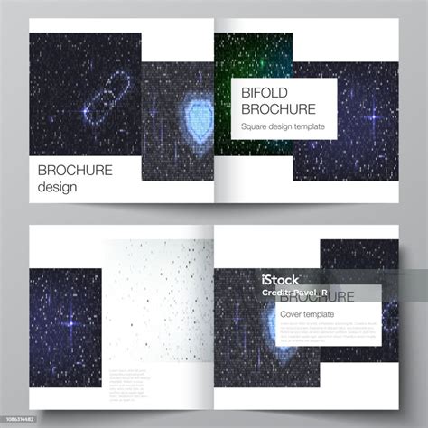 두 벡터 레이아웃 사각형 디자인 Bifold 브로셔 잡지 전단지 책자에 대 한 템플릿을 포함 한다 이진 코드 배경입니다 Ai 빅 데이터 코딩 이나 해커 개념 디지털 기술