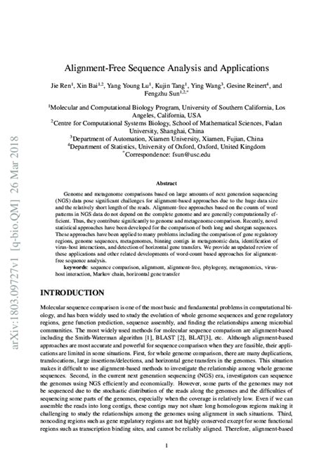Pdf Alignment Free Sequence Analysis And Applications