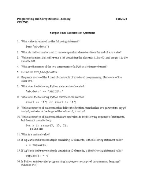 Sample Final Exam Questions Programming And Computational Thinking