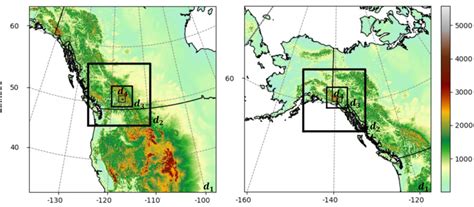 topography map of the region with the borders of the nested domains
