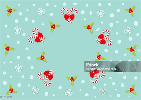 즐거운 성탄절 홀리 베리 아이콘입니다 붉은 활과 지팡이 사탕 스틱 미 슬 토입니다 녹색 잎 3 붉은 열매 눈송이입니다 라운드 프레임입니다 평면 디자인입니다 파란색 배경입니다