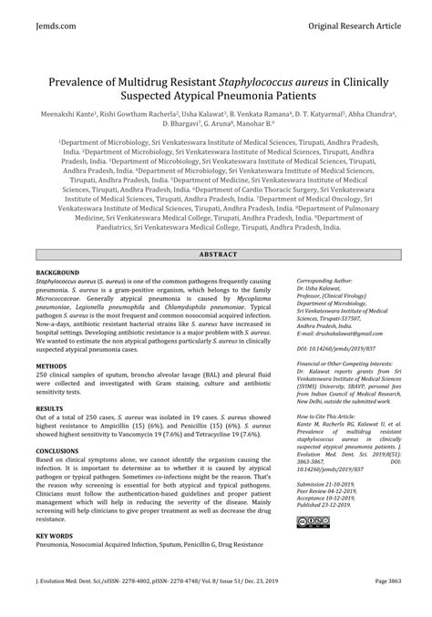 Pdf Prevalence Of Multidrug Resistant Staphylococcus Aureus In Clinically Suspected Atypical