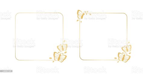 나비 실루엣 벡터 삽화 세트가 있는 정사각형 금색 프레임 봄 여름 우아한 디자인 요소를 위한 추상적인 황금 테두리 0명에 대한
