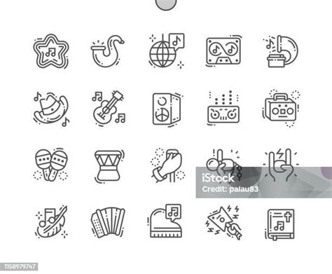 음악 장르 잘 만들어진 픽셀 완벽 한 벡터 얇은 라인 아이콘 30 2 X 웹 그래픽 및 애플 리 케이 션에 대 한 그리드 간단한 최소한의 그림 음악에 대한 스톡 벡터 아트